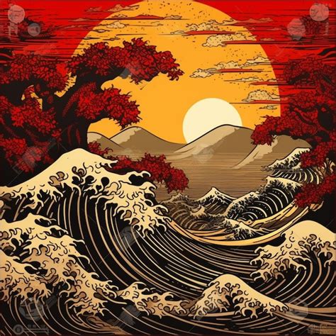 Premium AI Image The Great Wave Off Kanagawa With The Sun In The