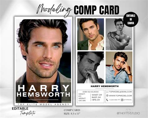 MALE MODEL Comp Card Template Modeling Photocard Zed Card For Models