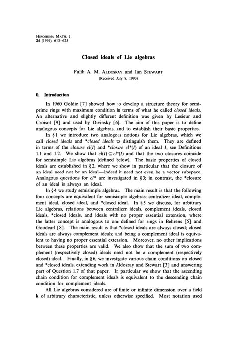 pdf closed ideals of lie algebras