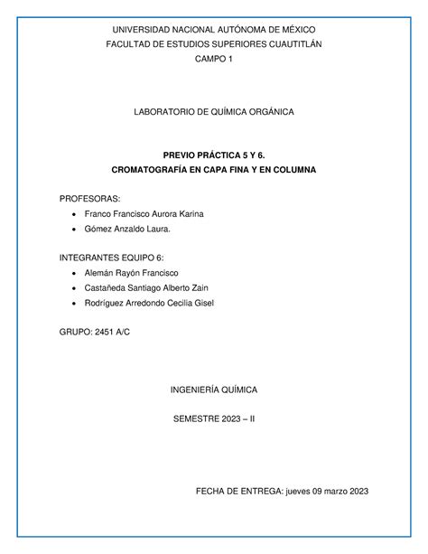 Previo V Cromatografía en capa fina y en columna UNIVERSIDAD
