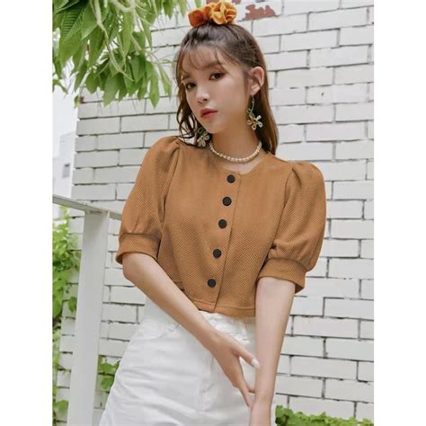 Angelcity Inspired Ribbed Puff Sleeve With Buttons Crop Tops Blouse