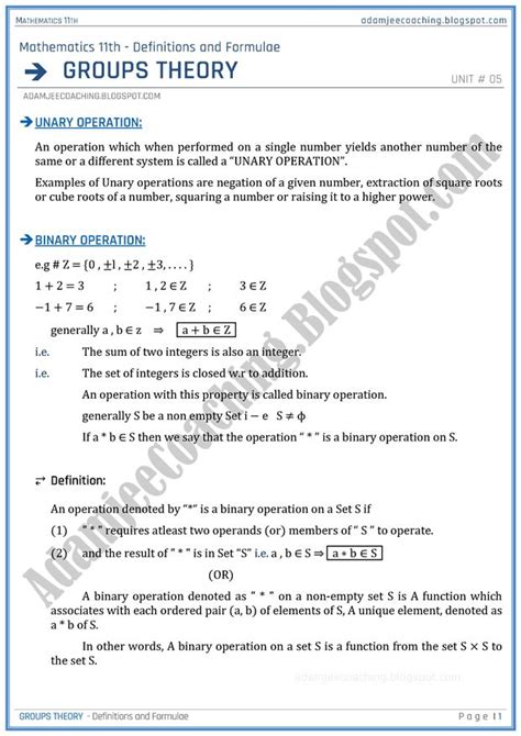 groups theory definitions and formulae mathematics 11th group theory theory definition