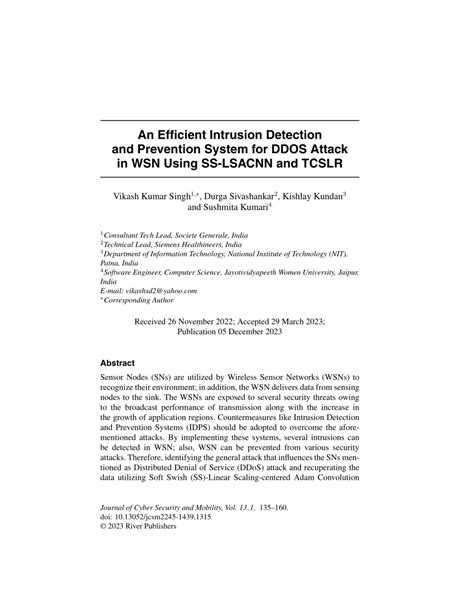 pdf an efficient intrusion detection and prevention system for ddos attack in wsn using ss