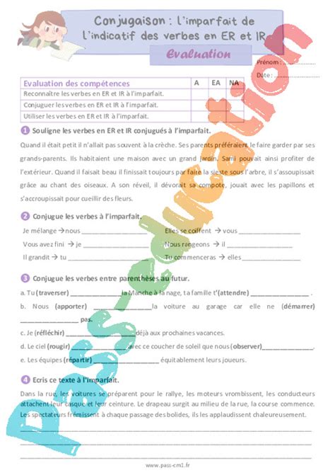 Limparfait de lindicatif des verbes en ER et IR Évaluation de