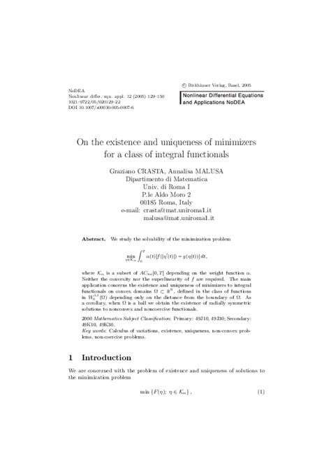 pdf on the existence and uniqueness of minimizers for a class of integral functionals