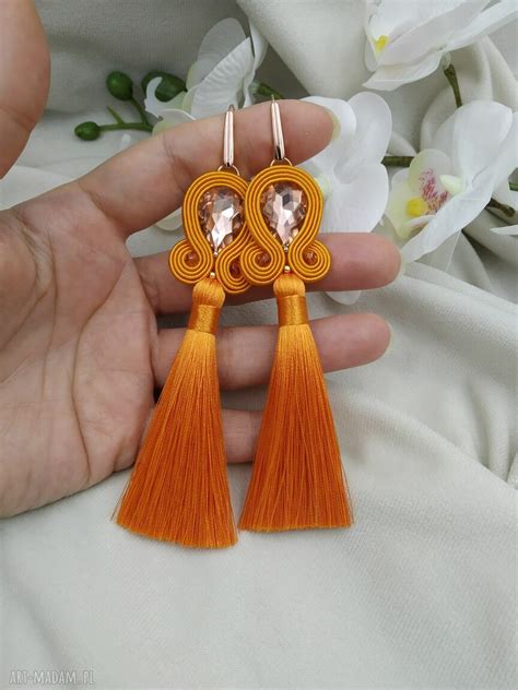 pomarańczowe kolczyki soutache z chwostami trendy ღ art Madam pl