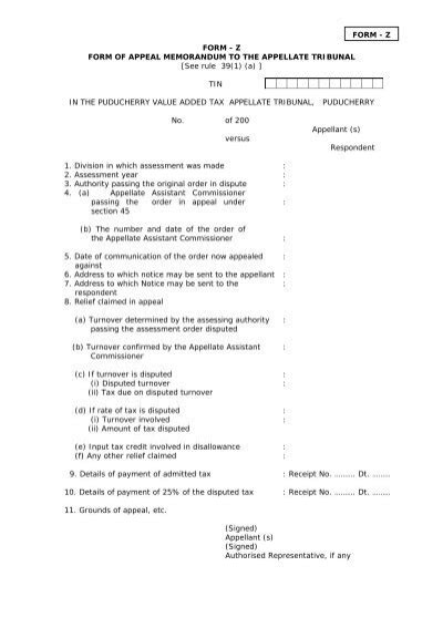FORM Z FORM OF APPEAL MEMORANDUM TO THE APPELLATE