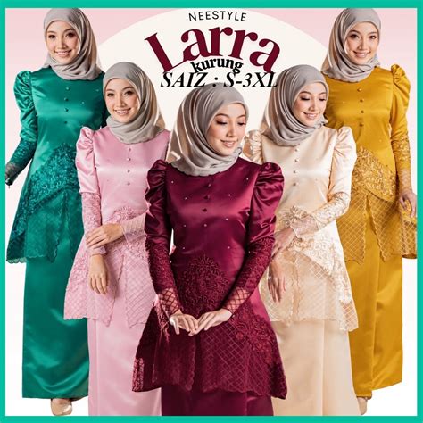 Baju Raya Larra Kurung Plus Size Baju Kurung Moden Puff Lace Satin Baju Tunang Nikah Kahwin