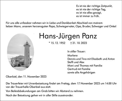 Traueranzeigen von Hans Jürgen Panz vrm trauer de