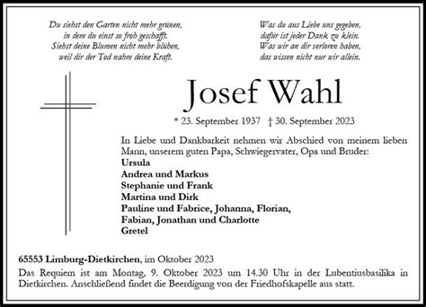 Traueranzeigen Von Josef Wahl Vrm Trauer De