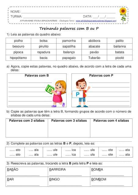 Atividades Para Educadores Treinando Palavras B Ou P Palavras