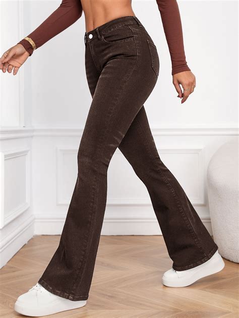 Coffee Brown Collar Denim Plain Flare Leg Embellished Medium Stretch