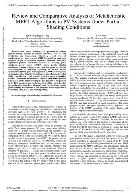pdf review and comparative analysis of metaheuristic mppt algorithms in pv systems under