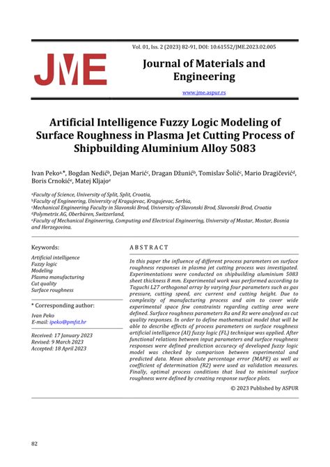 pdf artificial intelligence fuzzy logic modeling of surface roughness in plasma jet cutting