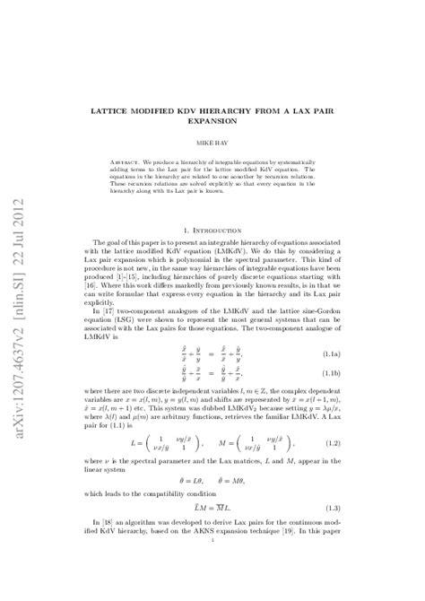 pdf lattice modified kdv hierarchy from a lax pair expansion mike hay