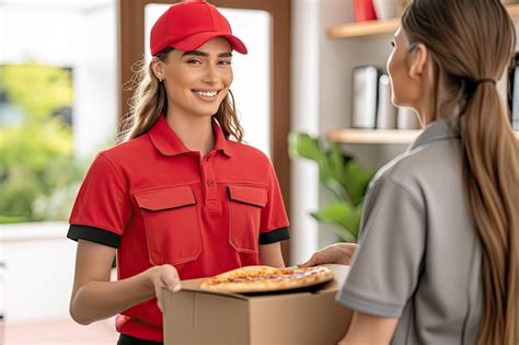Premium Ai Image Pizza Delivery Girl Hands The Order Into The Hands Of The Buyer