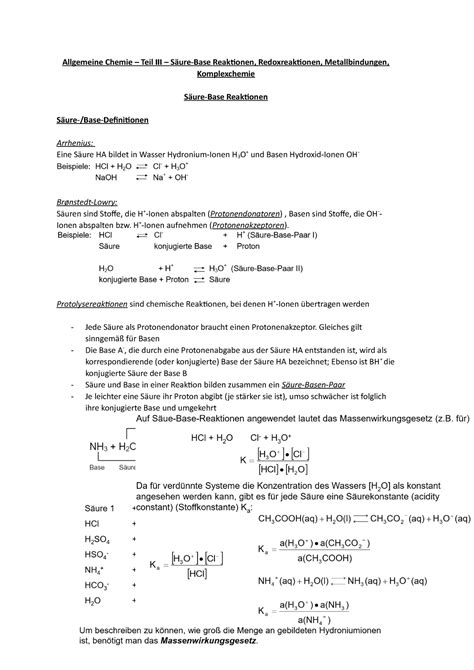 Allgemeine Chemie Teil III Säure Base Reaktionen Redoxreaktionen