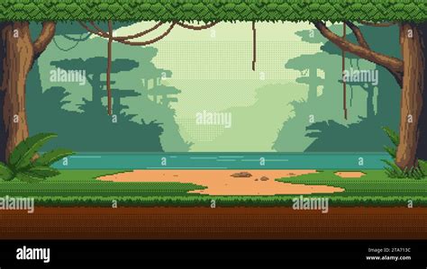Pixel Art Seamless Landscape With Tropical Forest Lake And Hanging