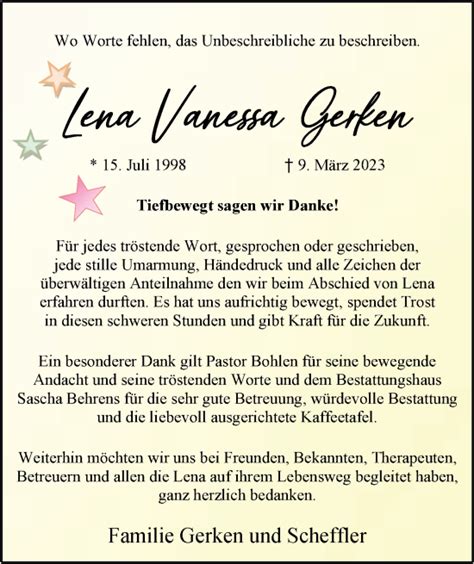 Traueranzeigen Von Lena Vanessa Gerken Nordwest Trauer De