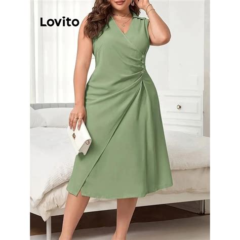 Lovito Women Plus Size Curve Casual Plain Pleated Asymmetrical Dress