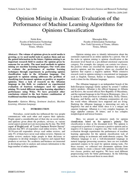 opinion mining in albanian evaluation of the performance of machine learning algorithms for