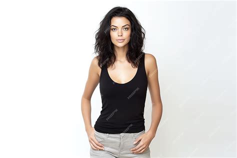 Premium Ai Image Beautiful Tanned Brunette Girl With Long Black Hair In A Tshirt White Background