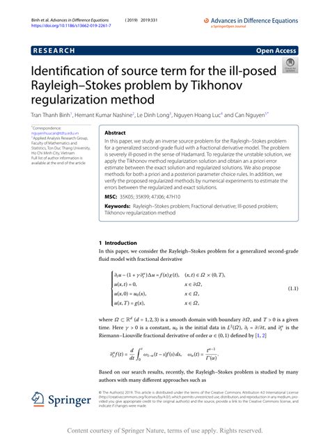 pdf identification of source term for the ill posed rayleigh stokes problem by tikhonov