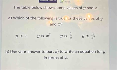 Solved Bookwork Code B Allowed The Table Below Shows Some Values Of