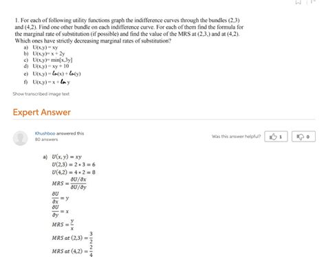 solved 1 for each of following utility functions graph the