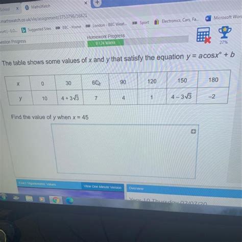 the table shows some values of x and y that satisfy the equation y acosxº b Х 0 30 180 60 90