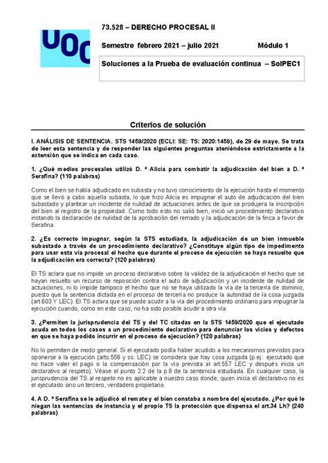 73528 Sol PEC 1 SOLUCIÓN OFICIAL PEC 1 73 DERECHO PROCESAL II