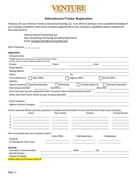Fillable Online Subcontractor Vendor Registration Fax Email Print