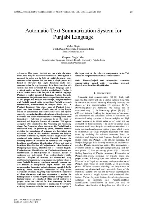 pdf automatic text summarization system for punjabi language gurpreet singh lehal