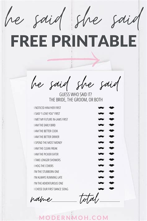 Free He Said She Said Bridal Shower Game Template Free Printable