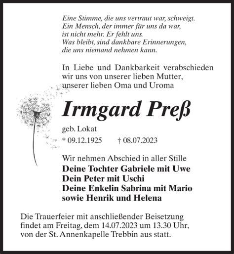 Traueranzeigen von Irmgard Preß trauer anzeigen de