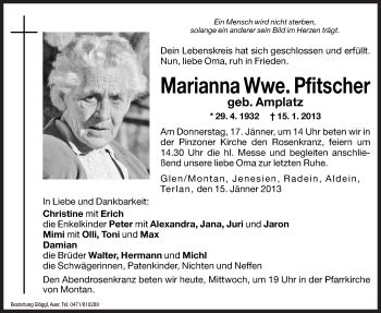 Traueranzeigen Von Marianna Pfitscher Trauer Bz