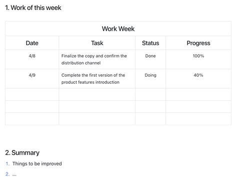 Weekly Status Report Template Lark Templates