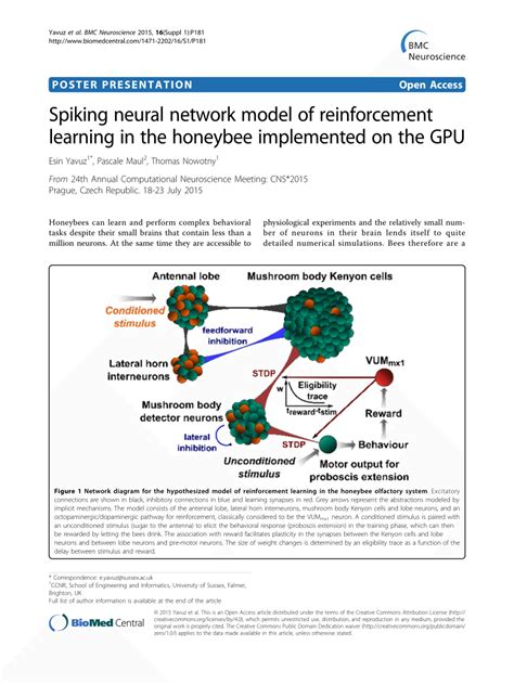pdf spiking neural network model of reinforcement learning in the honeybee implemented on the gpu