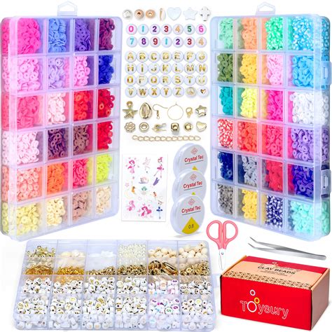 TOYSURY 10800 Pcs Clay Bead Bracelet Kit 48 Color Round Flat Clay Beads