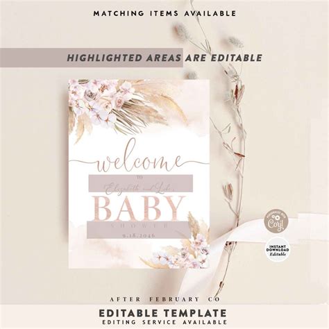 EDITABLE Boho Pink Pampas Grass Baby Shower Sprinkle Welcome Etsy