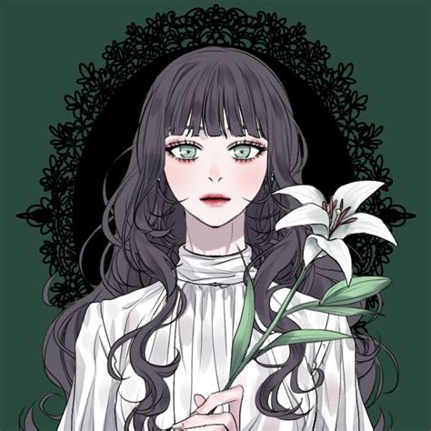 A Girl With Long Black Hair And Green Eyes Is Holding A Flower In Her Hand