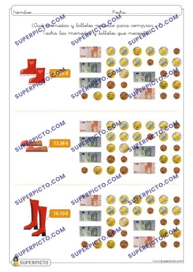 Ficha de cálculo con monedas y billetes para imprimir Recursos y