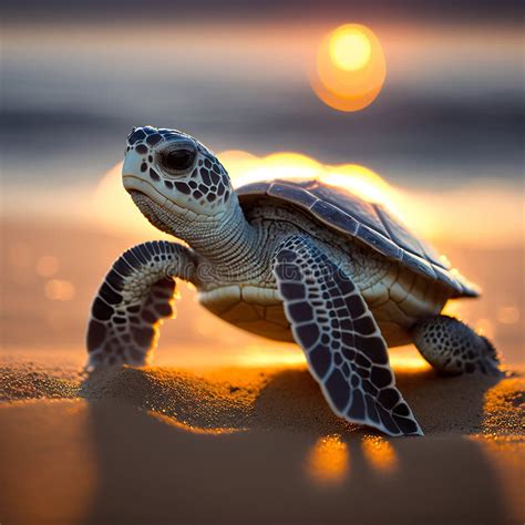 Close Up Cute Baby Turtle On The Beach At Sunset Stock Illustration