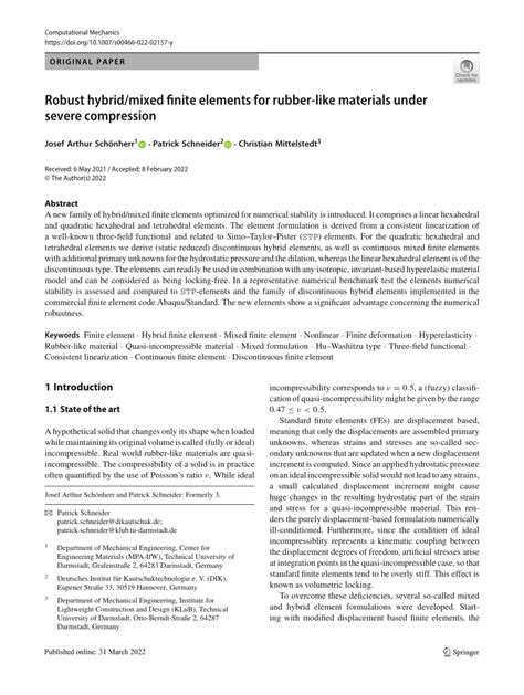 pdf robust hybrid mixed finite elements for rubber like materials under severe compression