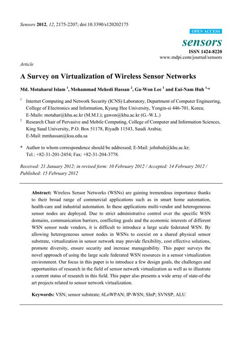 pdf a survey on virtualization of wireless sensor networks