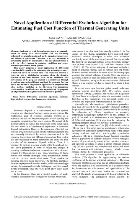 pdf novel application of differential evolution algorithm for estimating fuel cost function of