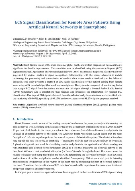 pdf ecg signal classification for remote area patients using artificial neural networks in