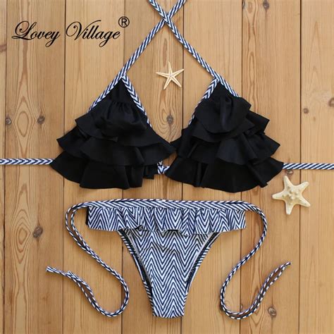2017 Female Sexy Halter Push Up Thong Bandeau Biquini Ruffled Swimsuit String Swim Wear Beach