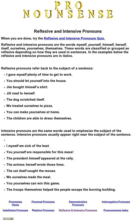 Reflexive And Intensive Pronouns Worksheets