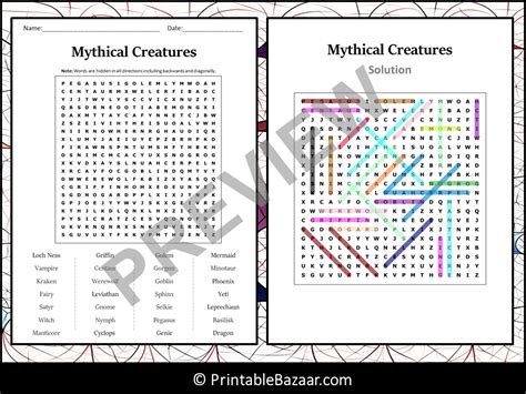 Mythical Creatures Word Search Puzzle Worksheet Activity Teaching